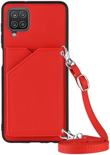 Samsung Galaxy A12 Hoesje Portemonnee Back Cover met Koord Rood | gsmpunt