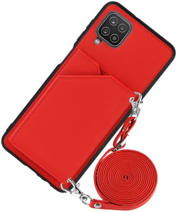 Samsung Galaxy A12 Hoesje Portemonnee Back Cover met Koord Rood | gsmpunt